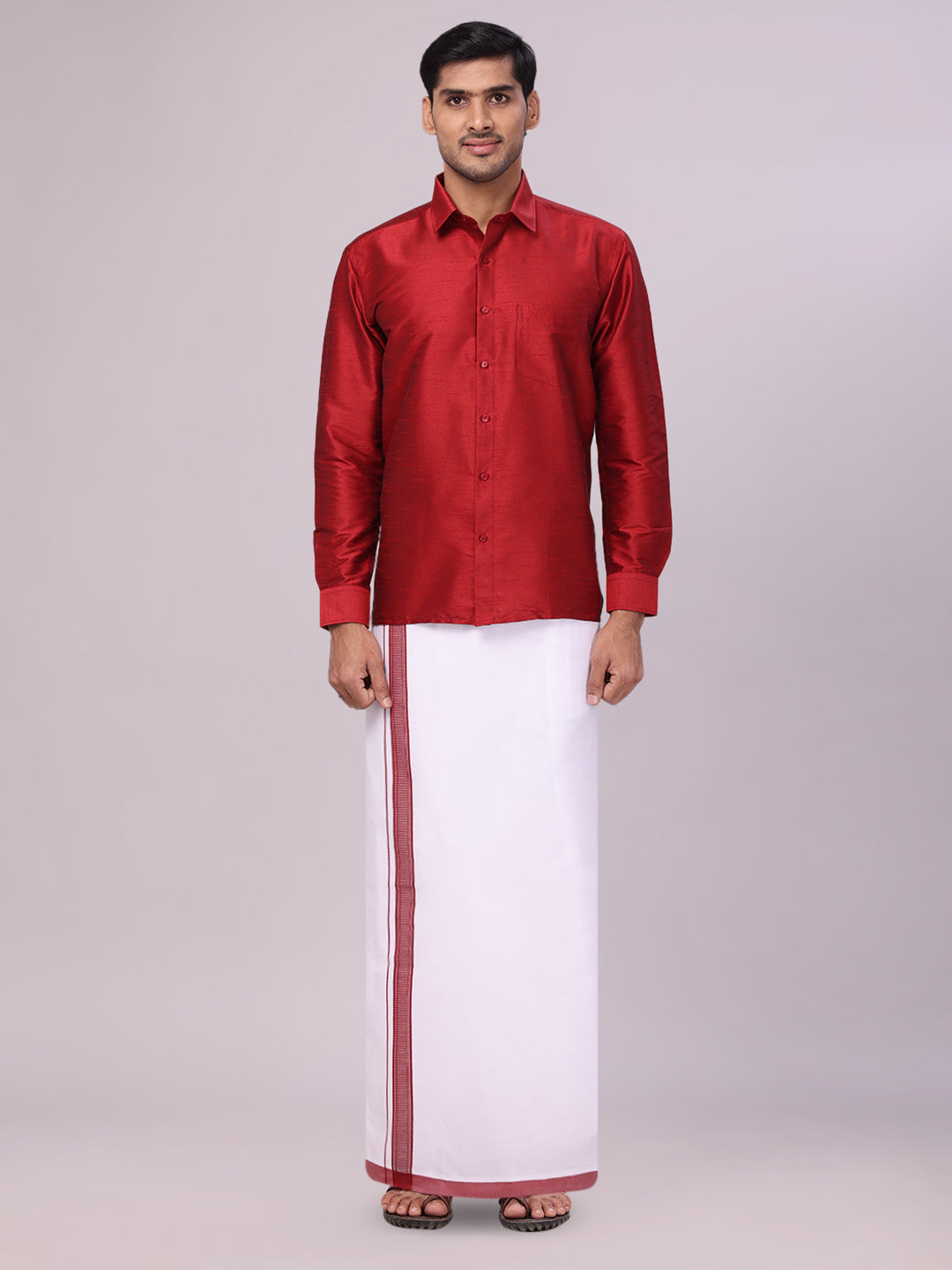 Men's Red Satin Shirt & Flexi Dhoti Combo with Fancy Border ...