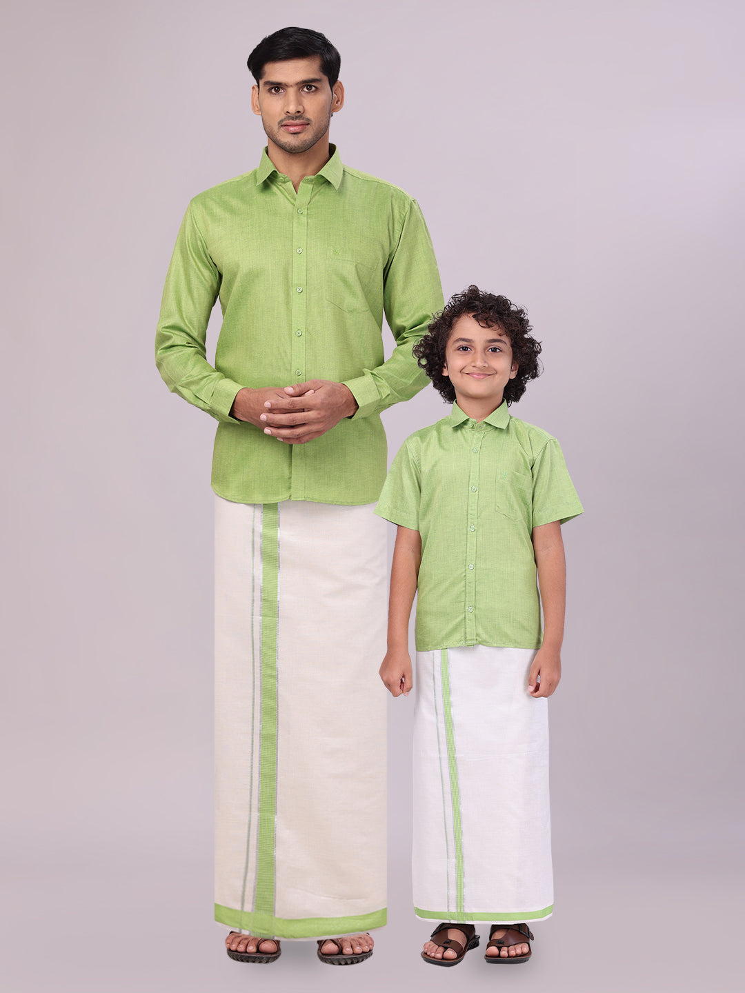 Father Son Light Green Cotton Shirt & Matching Tissue Dhoti ...